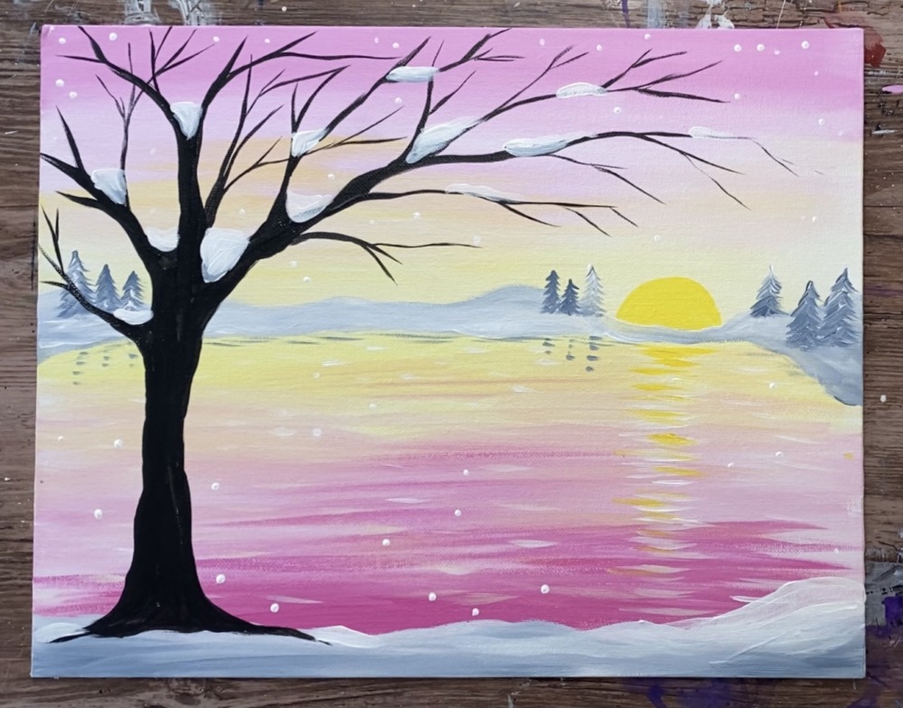 Winter Sunset Easy Acrylic Painting - Step By Step For Beginners