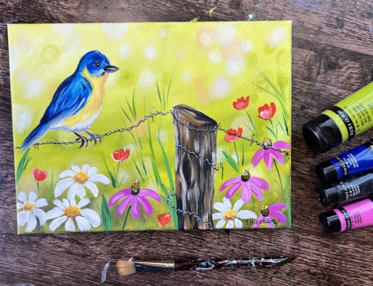 How To Paint "Rustic Blue Bird Wildflowers" - Tracie Kiernan - Step By ...
